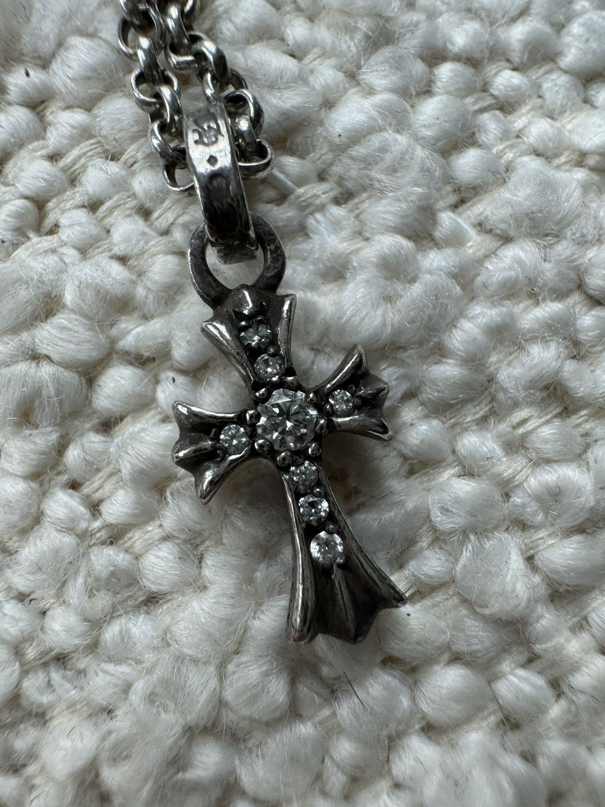 Chrome Hearts Baby Fat Cross Pendant w/ Diamonds + Roll Chain Necklace ...