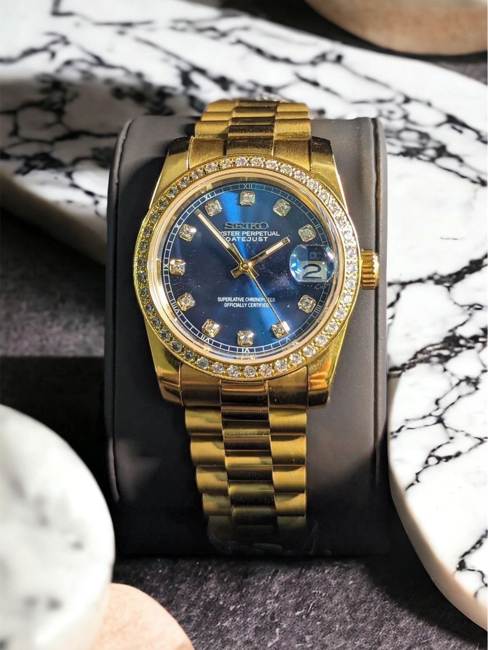 Seiko Seiko Mod Datejust Blue Diamond Dial Gold Presidential Watch ...