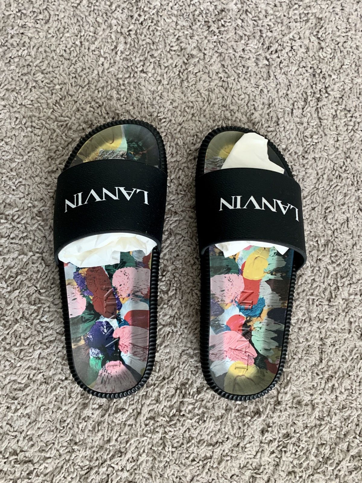 Lanvin DELETING NOW $560 Logo Paint Splatter Slide Sandals | Grailed