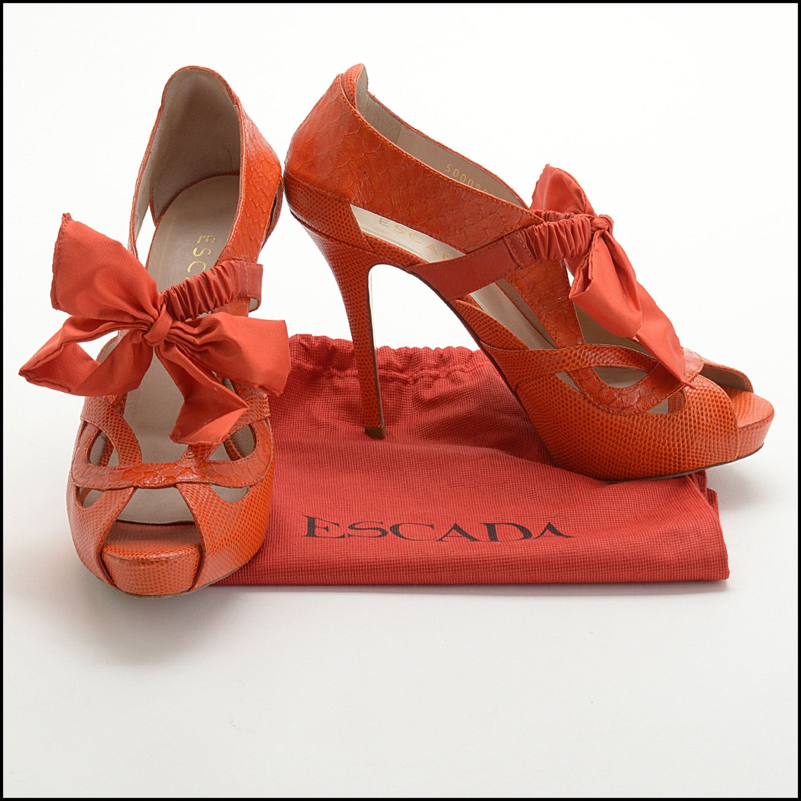 Escada RDC13895 ESCADA Orange Embossed Leather & Bow High Heels | Grailed