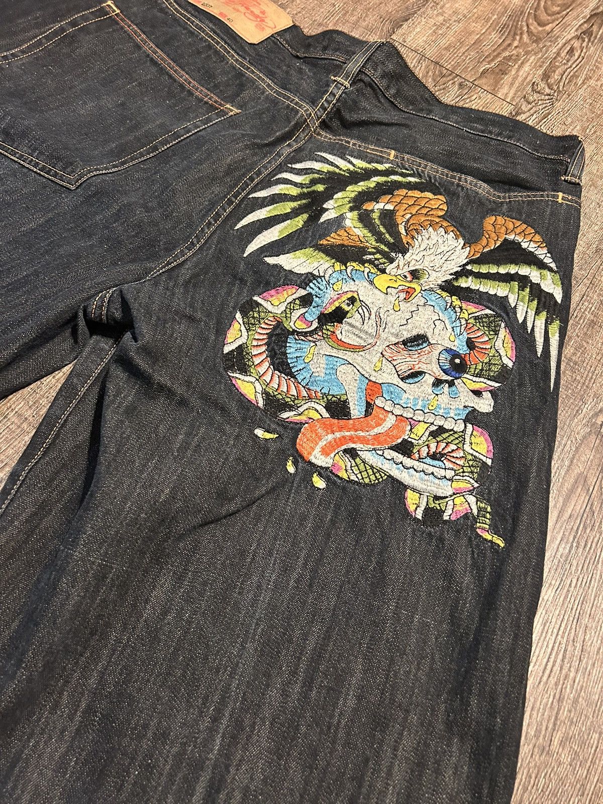 Ed Hardy × Streetwear × Vintage Ed Hardy Embroidered Skull Eagle Denim ...
