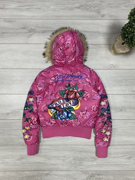 Vintage Ed Hardy 🐉 💗 🌹 fur vintage puffer True Love rose dragon | Grailed
