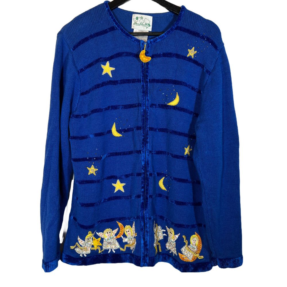 Vintage Quacker Factory Sweater Large Blue Knit Cardigan Christmas ...