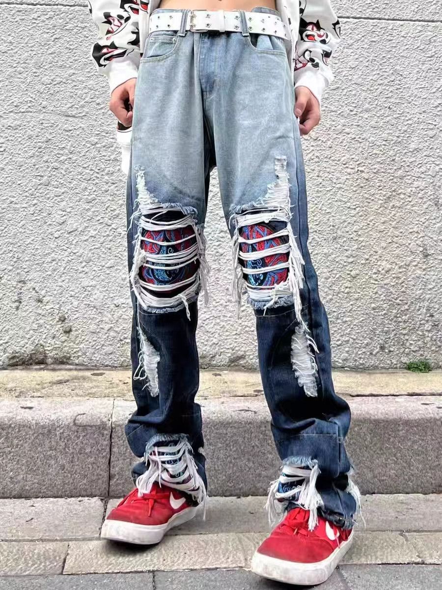 Japanese Brand High street washed heavily embroidered ripped jeans ...