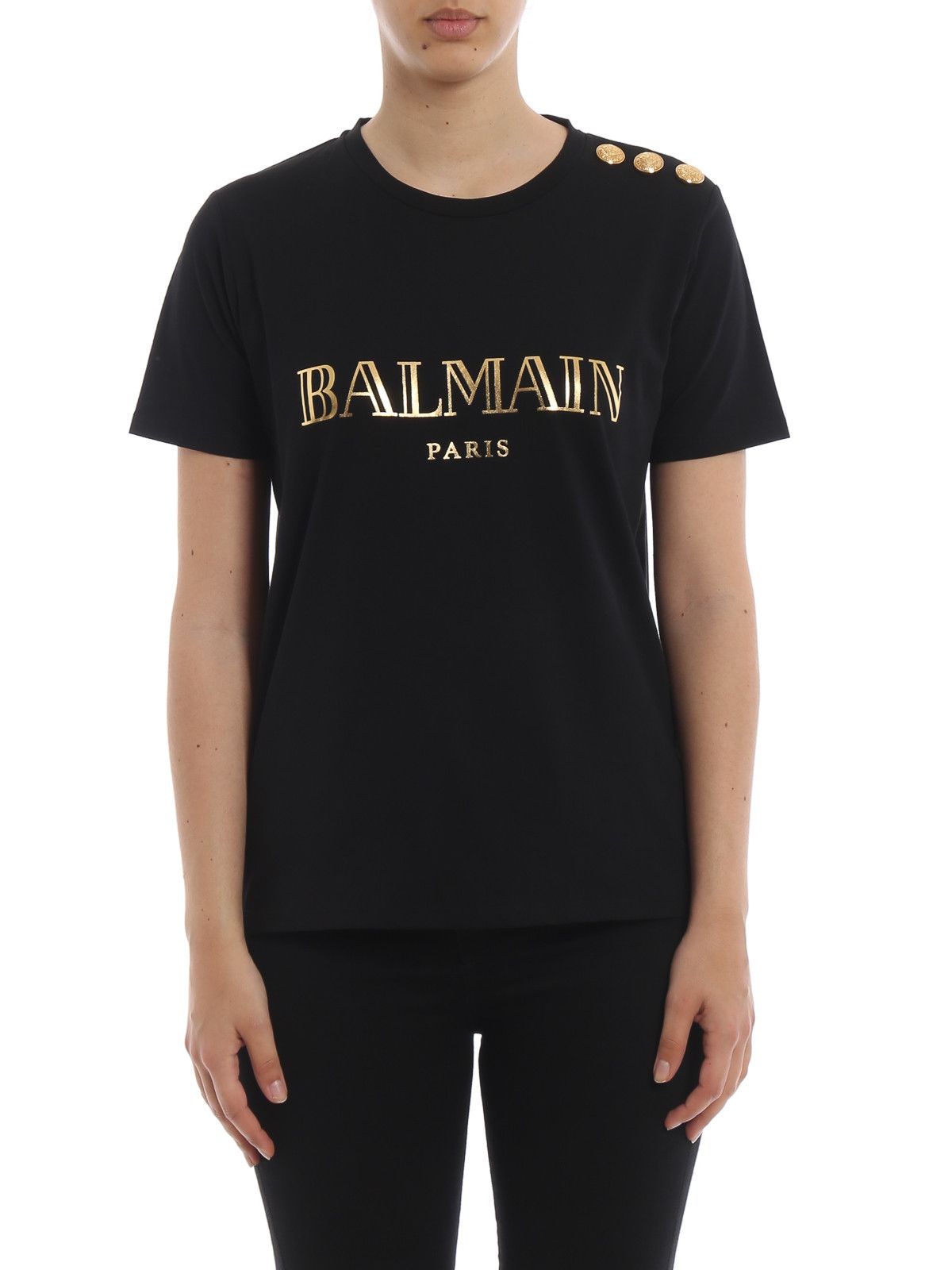 Balmain Black Metallic Gold Logo Lion Buttons T-Shirt | Grailed