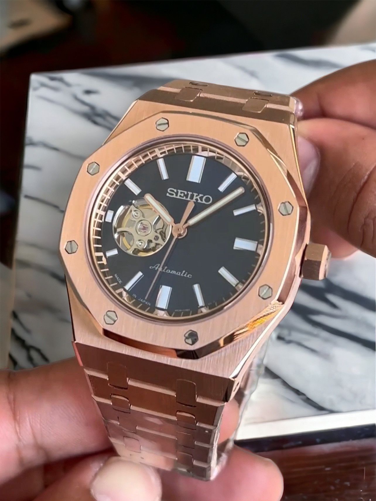 Seiko Seiko Mod Royal Oak Black Open Dial Rosegold Automatic Watch ...