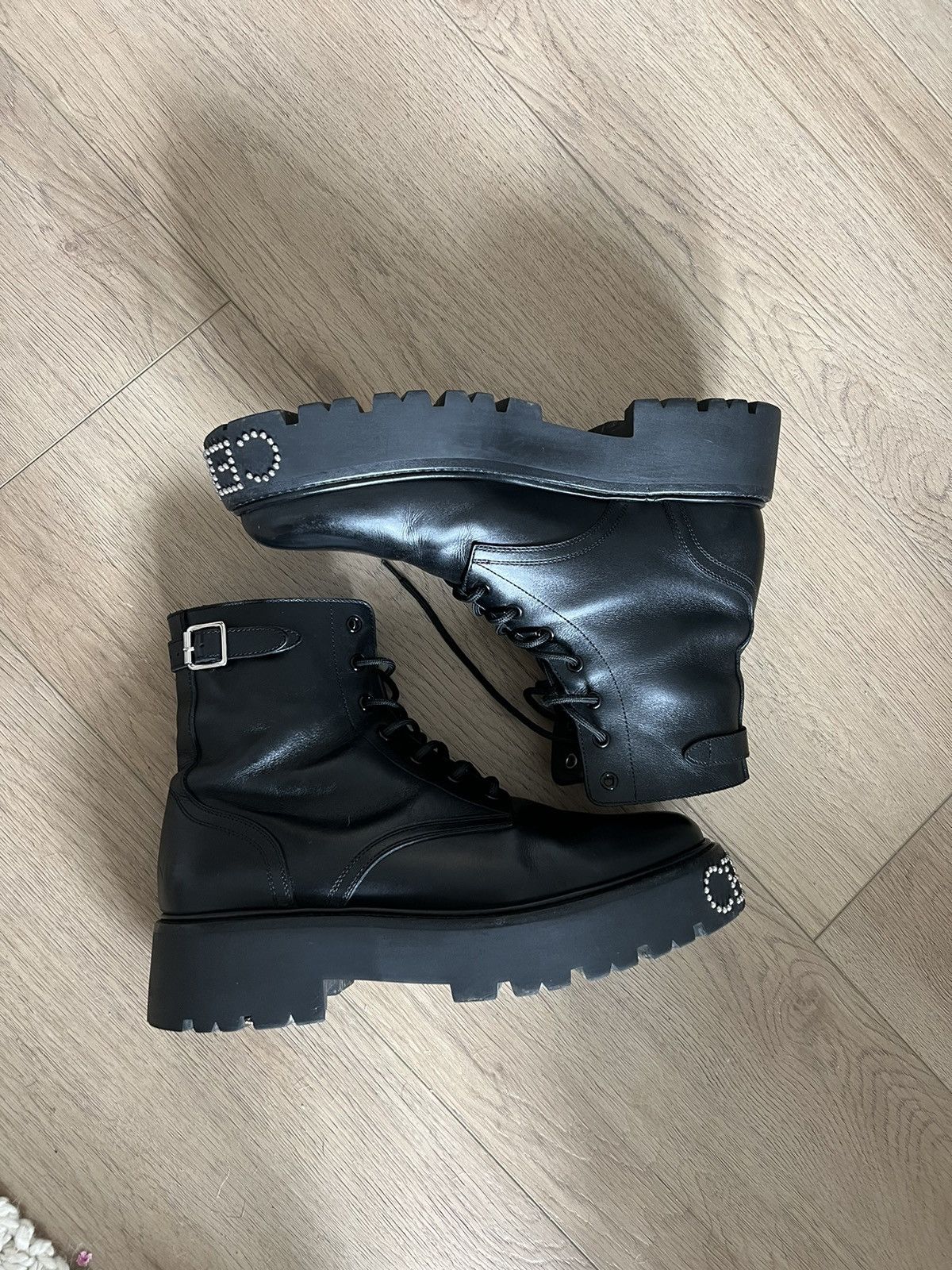 Celine × Hedi Slimane Leather Studded Logo Combat boots | Grailed