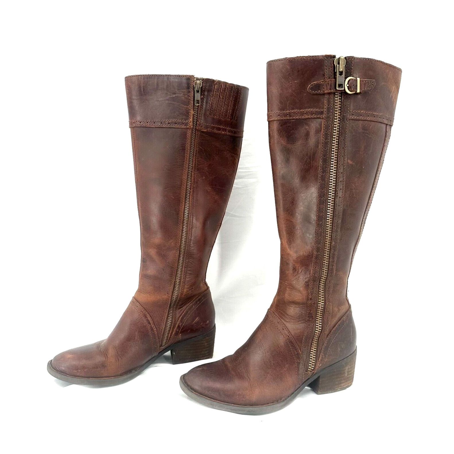 Born BORN poly riding boots Leather Double Zip Knee tall Brown comfort ...