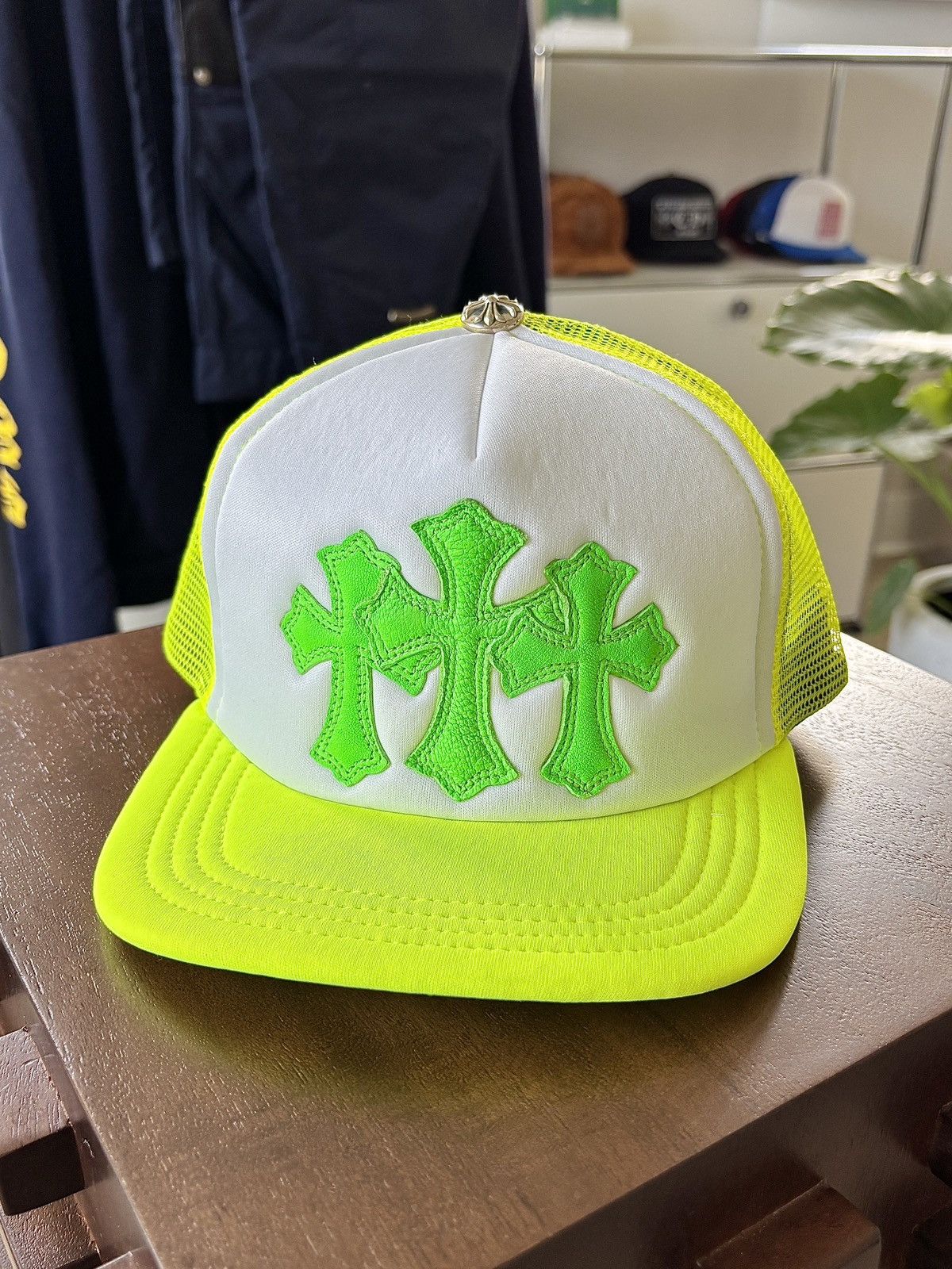 Chrome Hearts NEON GREEN LEATHER CROSS PATCH CEMETERY HAT | Grailed