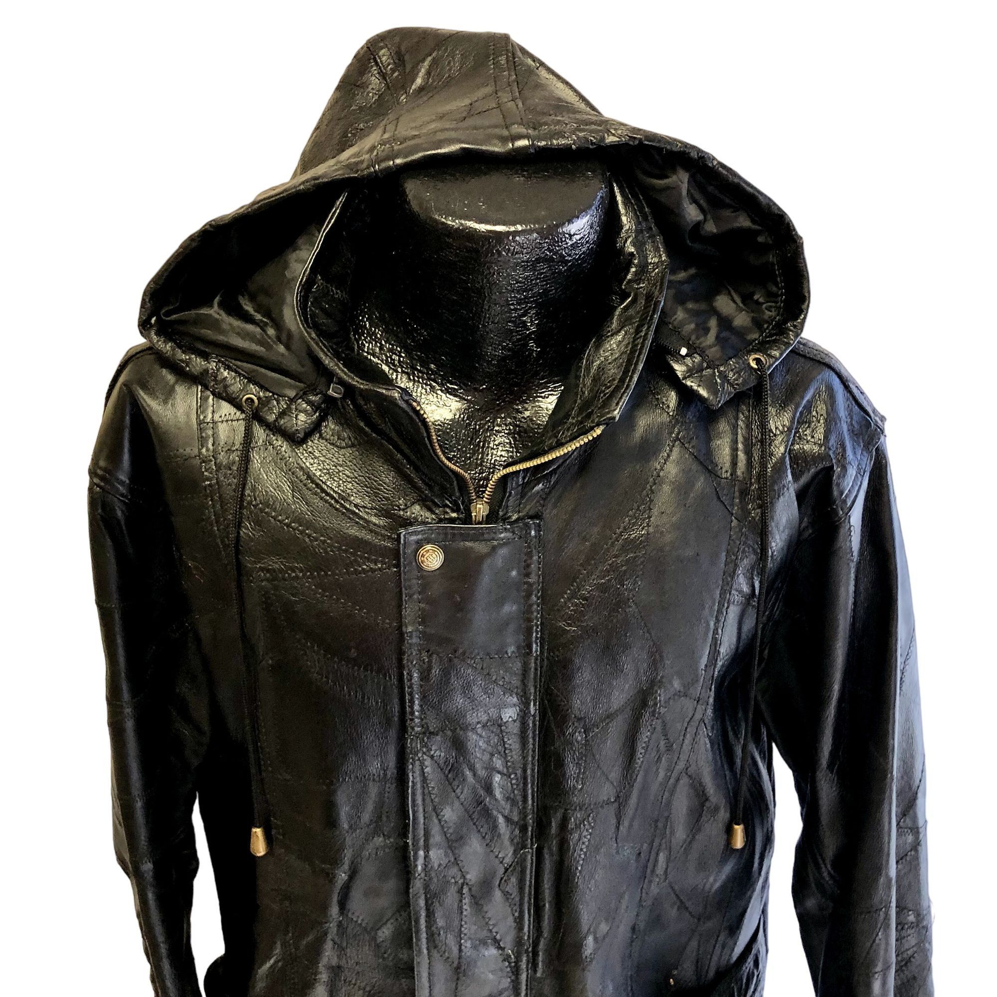 Unkwn 80's PATCHWORK Leather HOODED Coat GANGSTER Biggie Jacket 2X ...