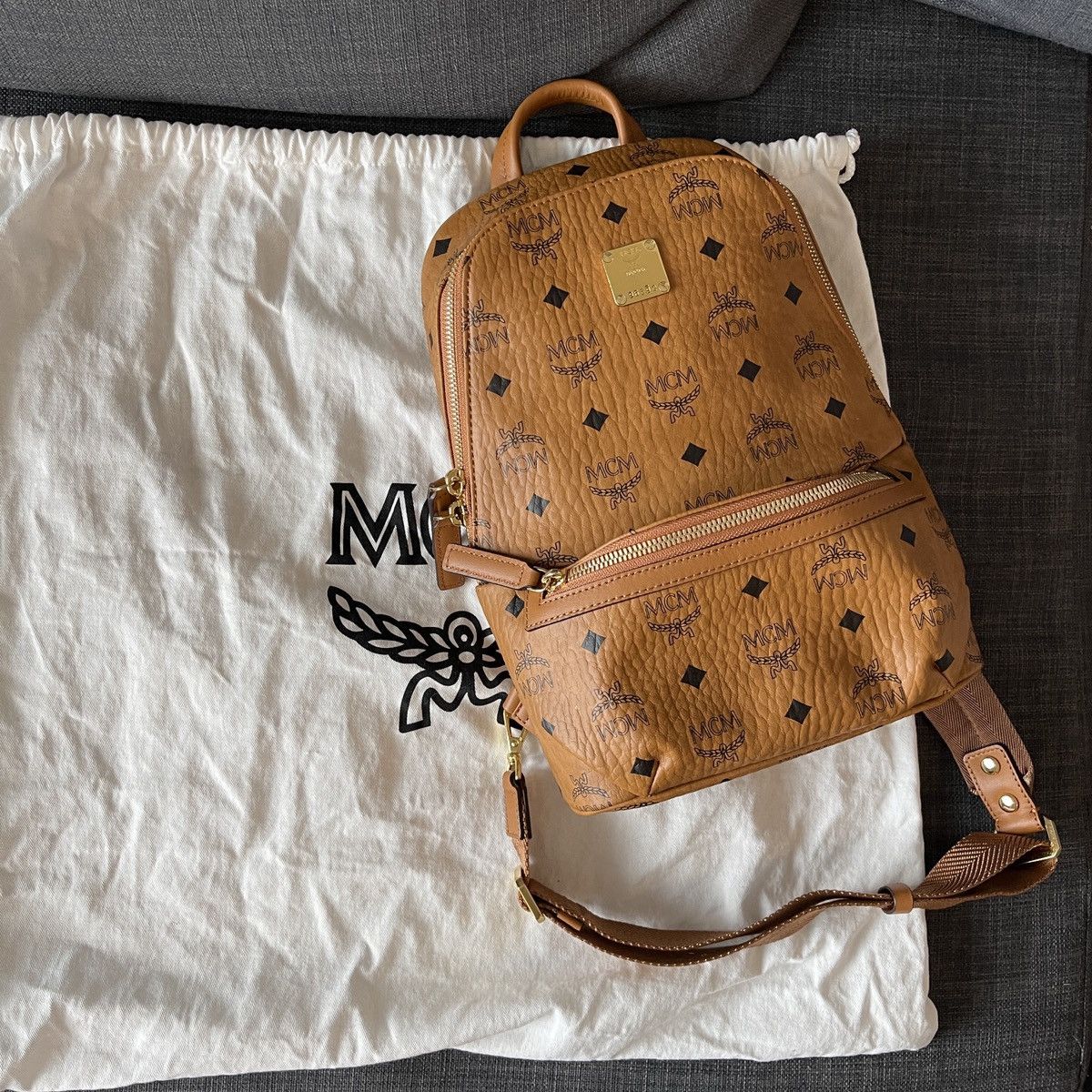 MCM MCM Aren Sling Bag in Visetos brown leather backpack | Grailed