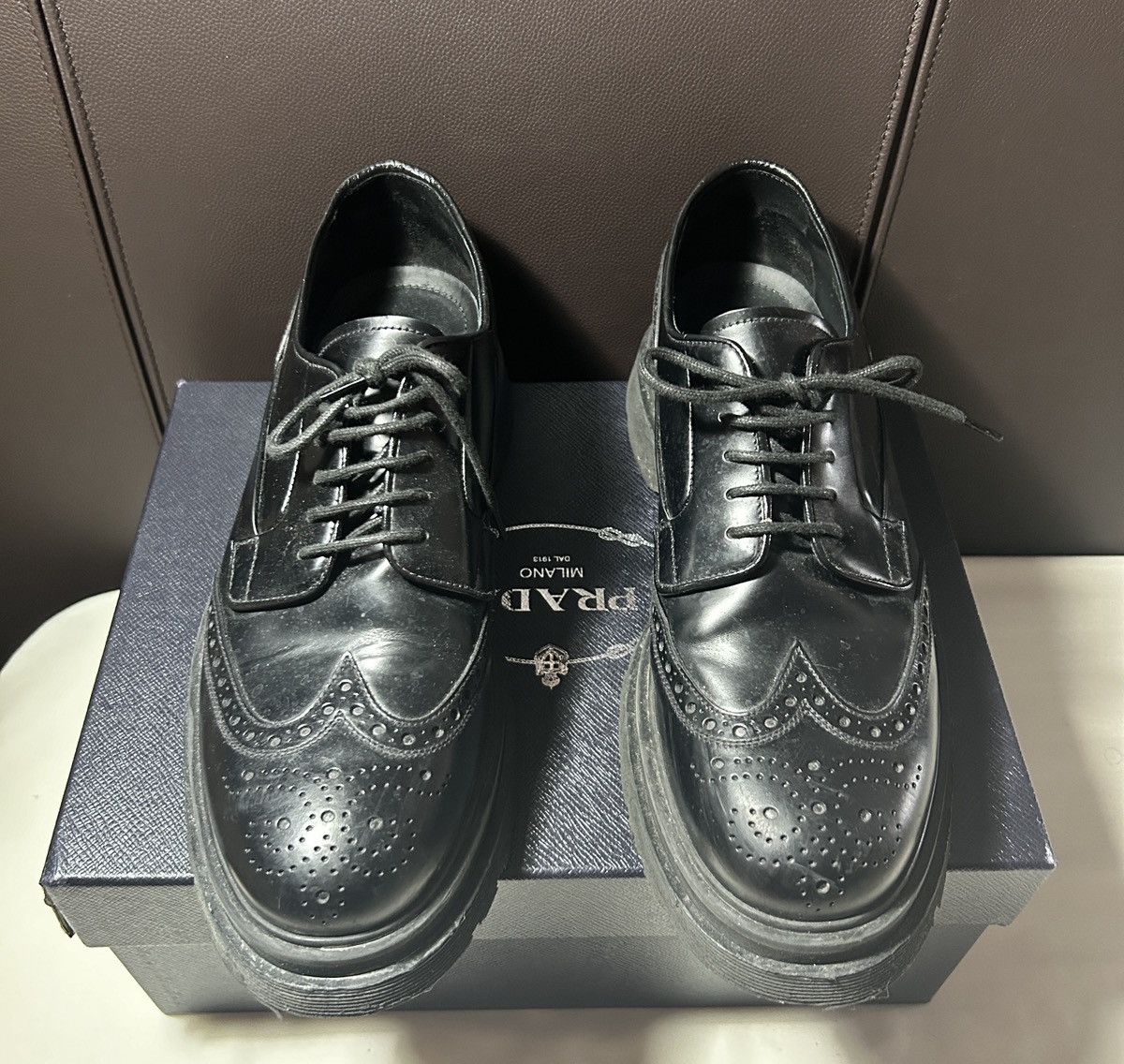 Prada PRADA Brushed Leather Derby Brogue Shoes | Grailed