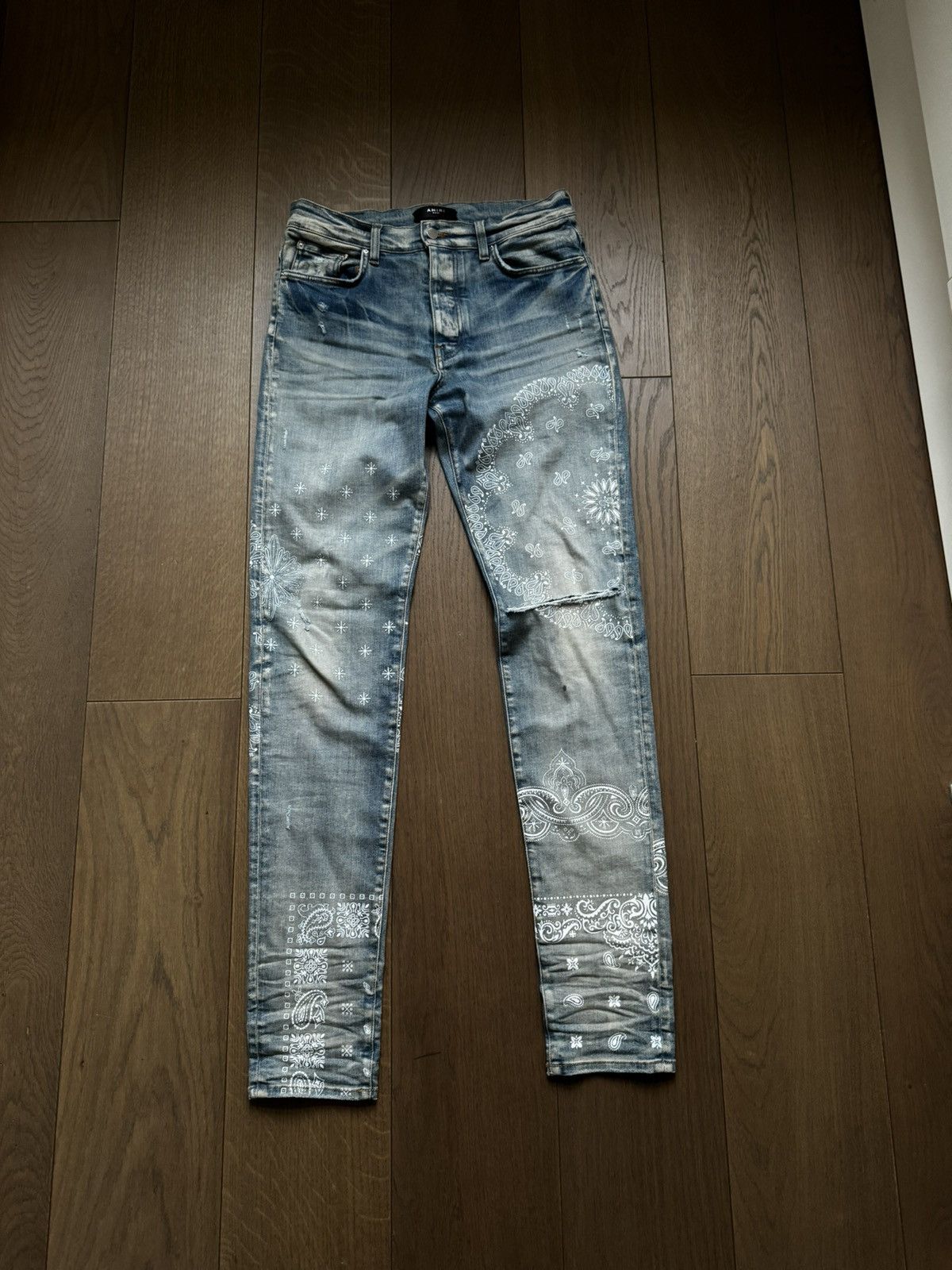 Amiri Amiri MX1 skinny ripped jeans bandana paisley light wash | Grailed
