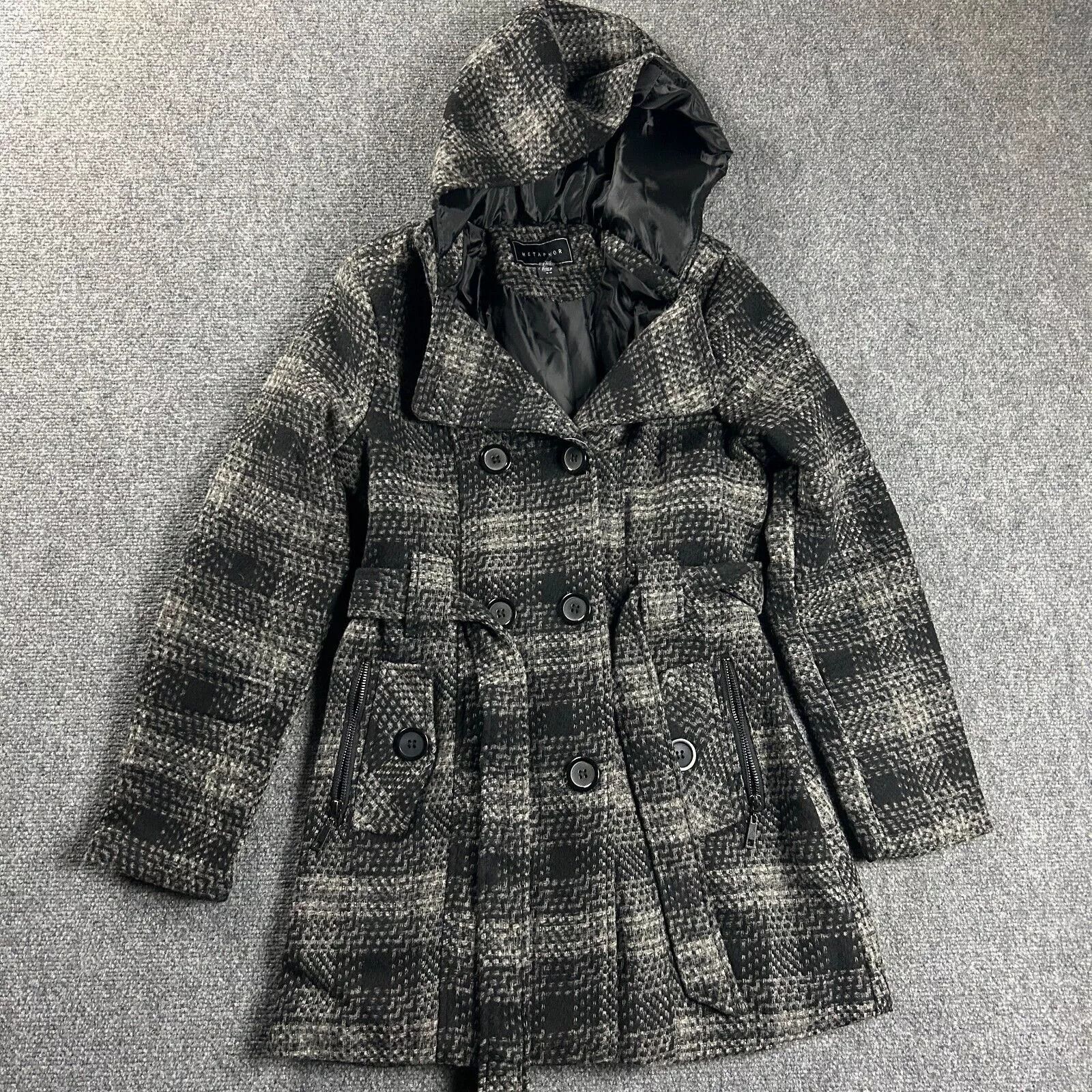 Other Metaphor Coat Womens M Plaid Peacoat Hooded Polyester Wool | Grailed