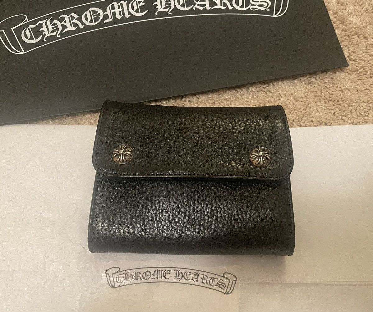 Chrome Hearts CHROME HEARTS MINI WAVE BLACK LEATHER TRIFOLD WALLET CASE ...