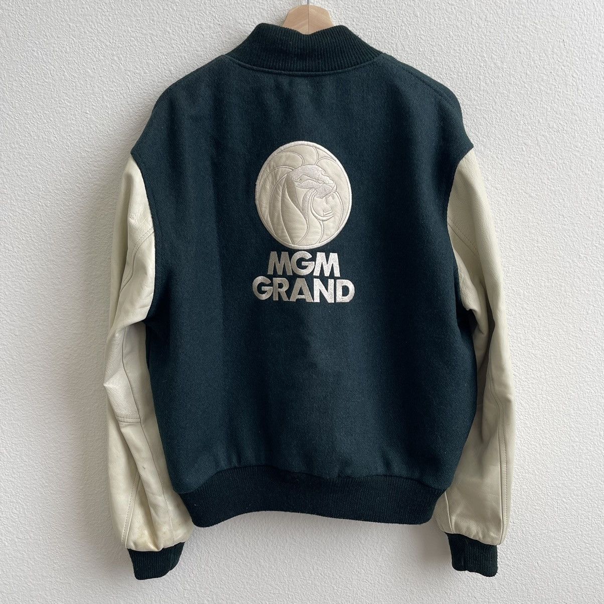 Vintage MGM GRAND Vintage 90 Green White Leather Wool Varsity Jacket ...