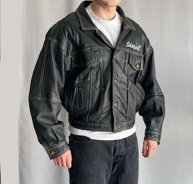 Diesel Vintage 90s Cropped Diesel Leather Jacket Bomber Big Logo | Grailed