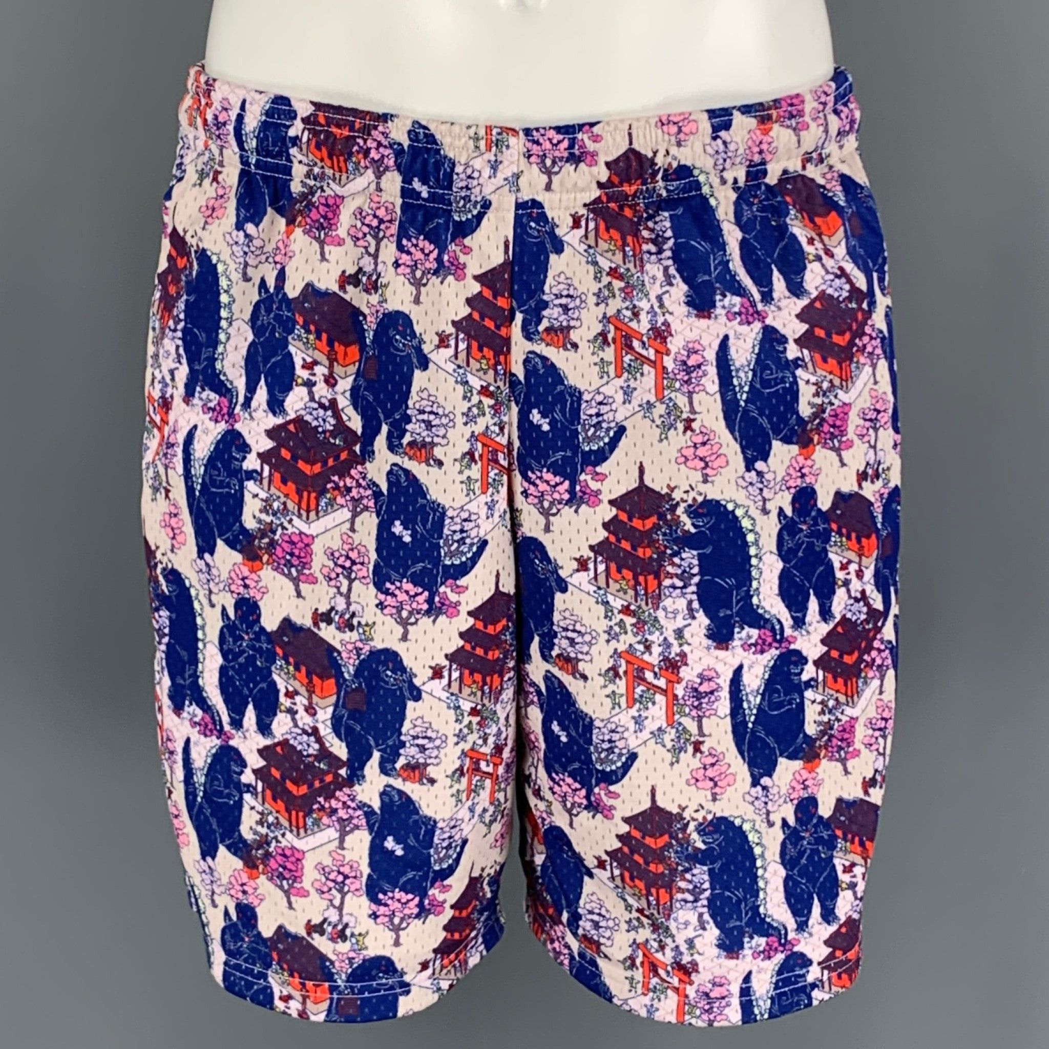 Vintage GODZILLA Print Blue Pink Cartoon Drawstring Swim Trunks | Grailed