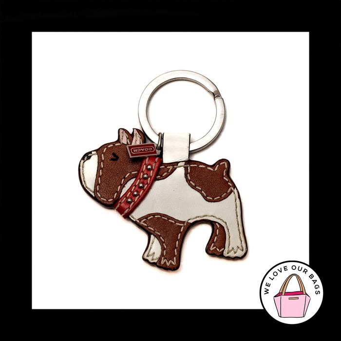 Coach RARE COACH BULLDOG White Brown Leather Dog Fob Bag Charm Key ...