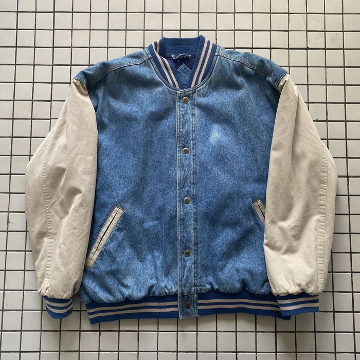 Vintage Denim Varsity Jacket w Patches | Grailed