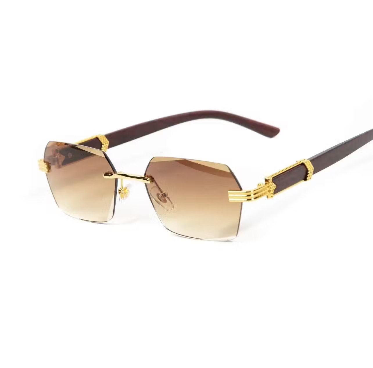 Streetwear Woodgrain Brown Tint Retro Rimless Men's Elegant Gold Frame ...