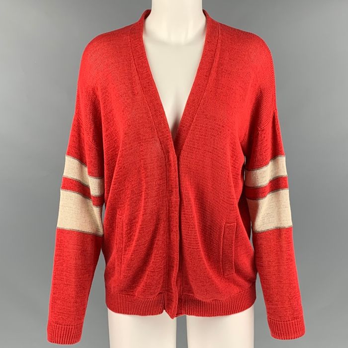 Brunello Cucinelli Red White Cotton Stripe V Neck Cardigan | Grailed
