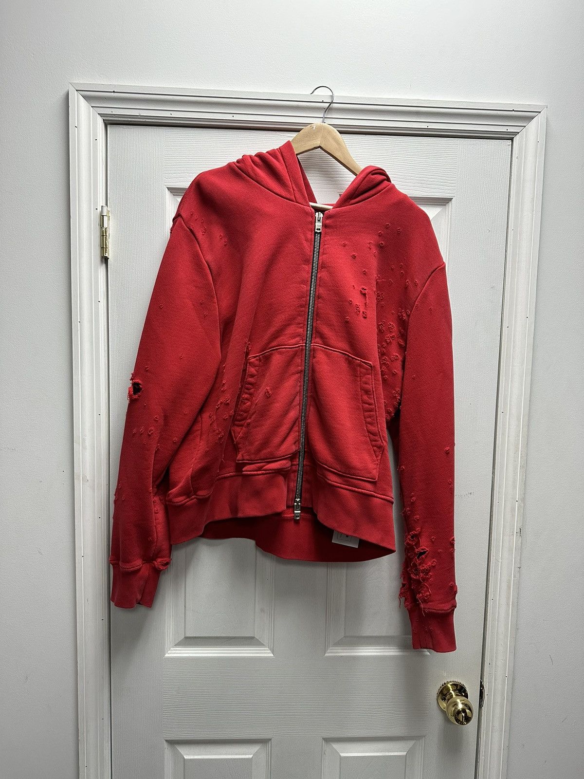 Amiri Amiri red shotgun distressed hoodie | Grailed