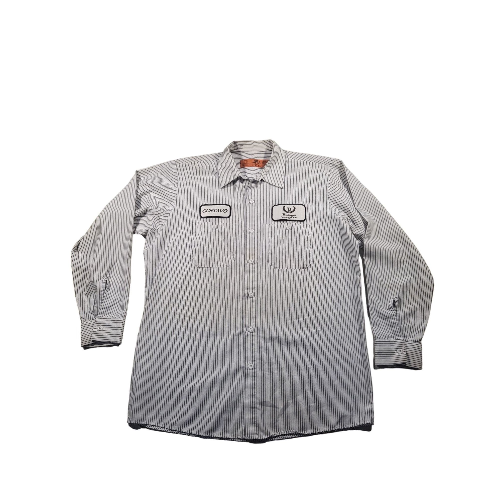 Workers Red Kap Shirt Striped Button Up Men Sz L Embroidered Brookha ...