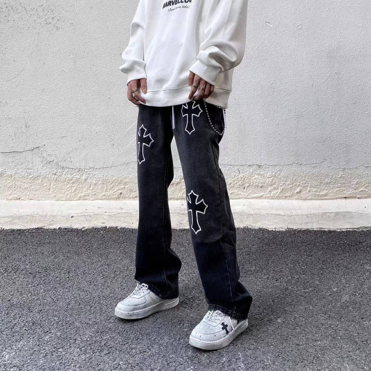 Japanese Brand Street hip hop cross print jeans | Grailed