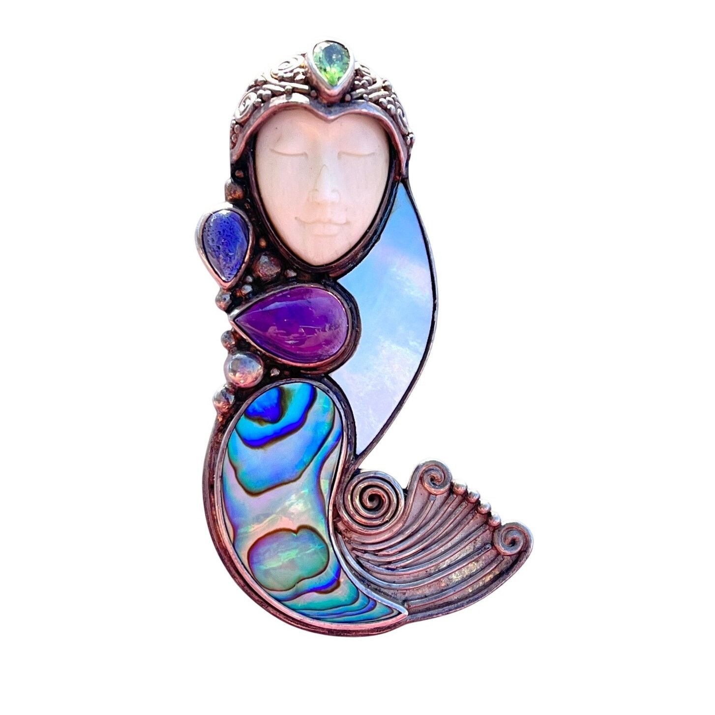 Vintage 925 Sajen Bali Mermaid Goddess PIN / PENDANT Multi Gemstone ...