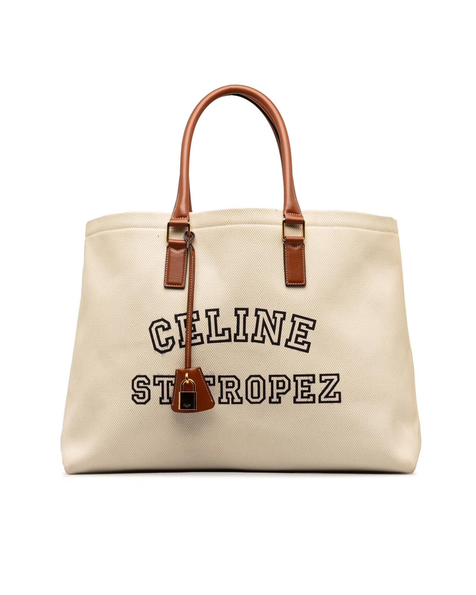 Celine Canvas Tote Bag with Rolled Leather Handles and Interior Zip ...