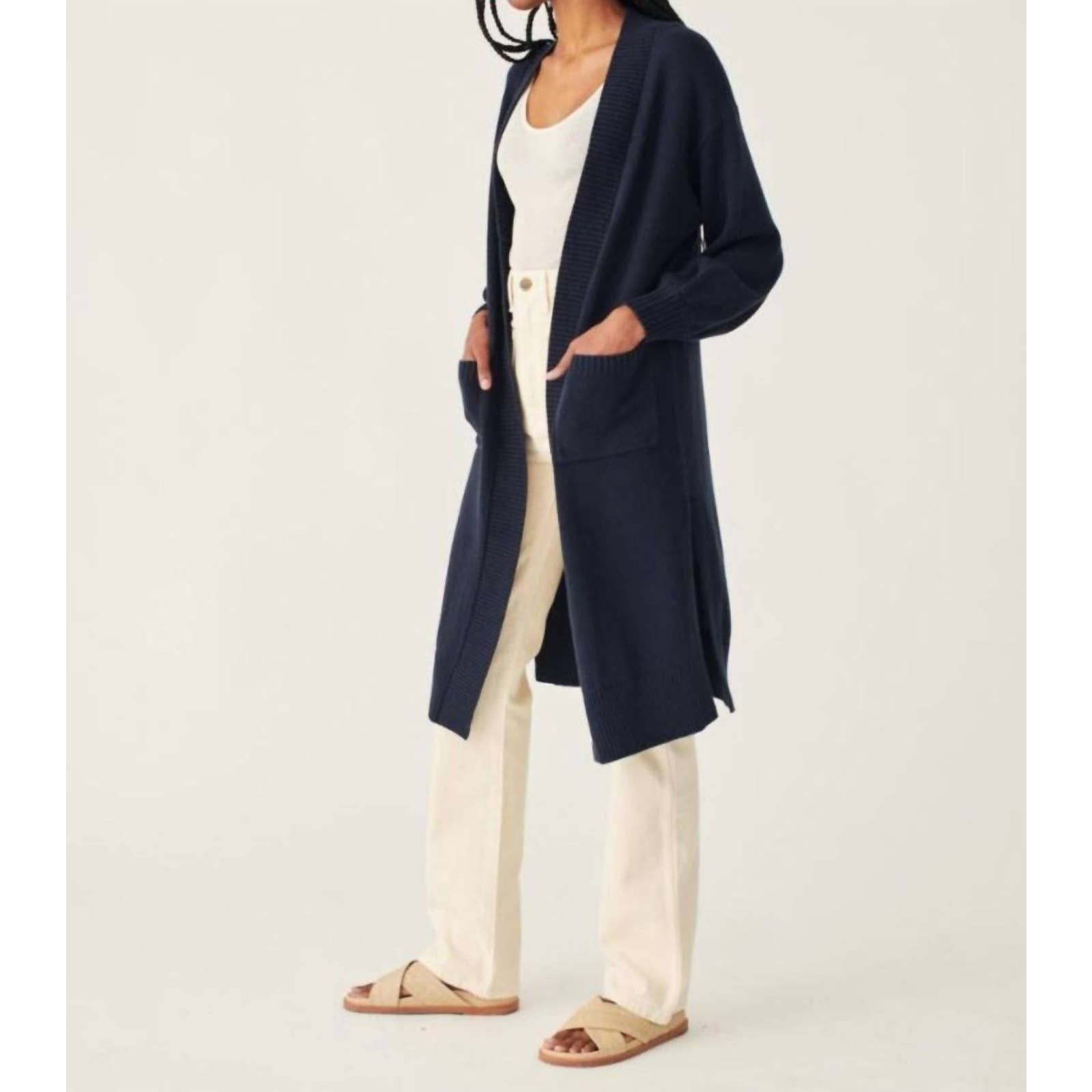 White & Warren WHITE + WARREN Chainette Rib Trim Cardigan In North Sea ...