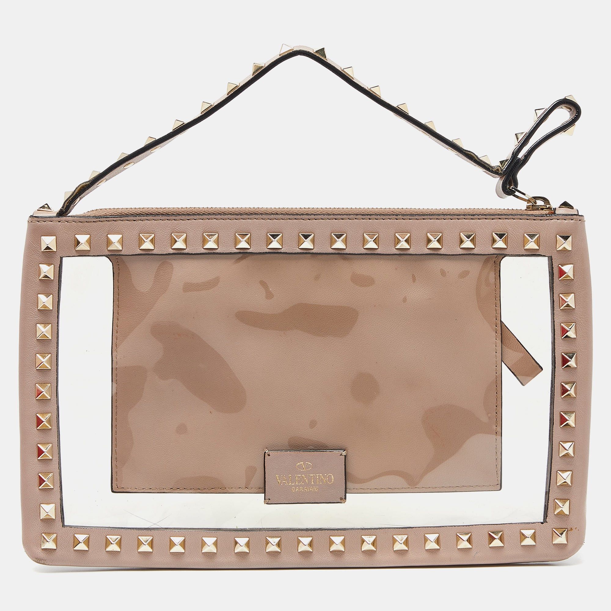 Valentino VALENTINO Pink/Transparent Leather and PVC Rockstud Clutch ...