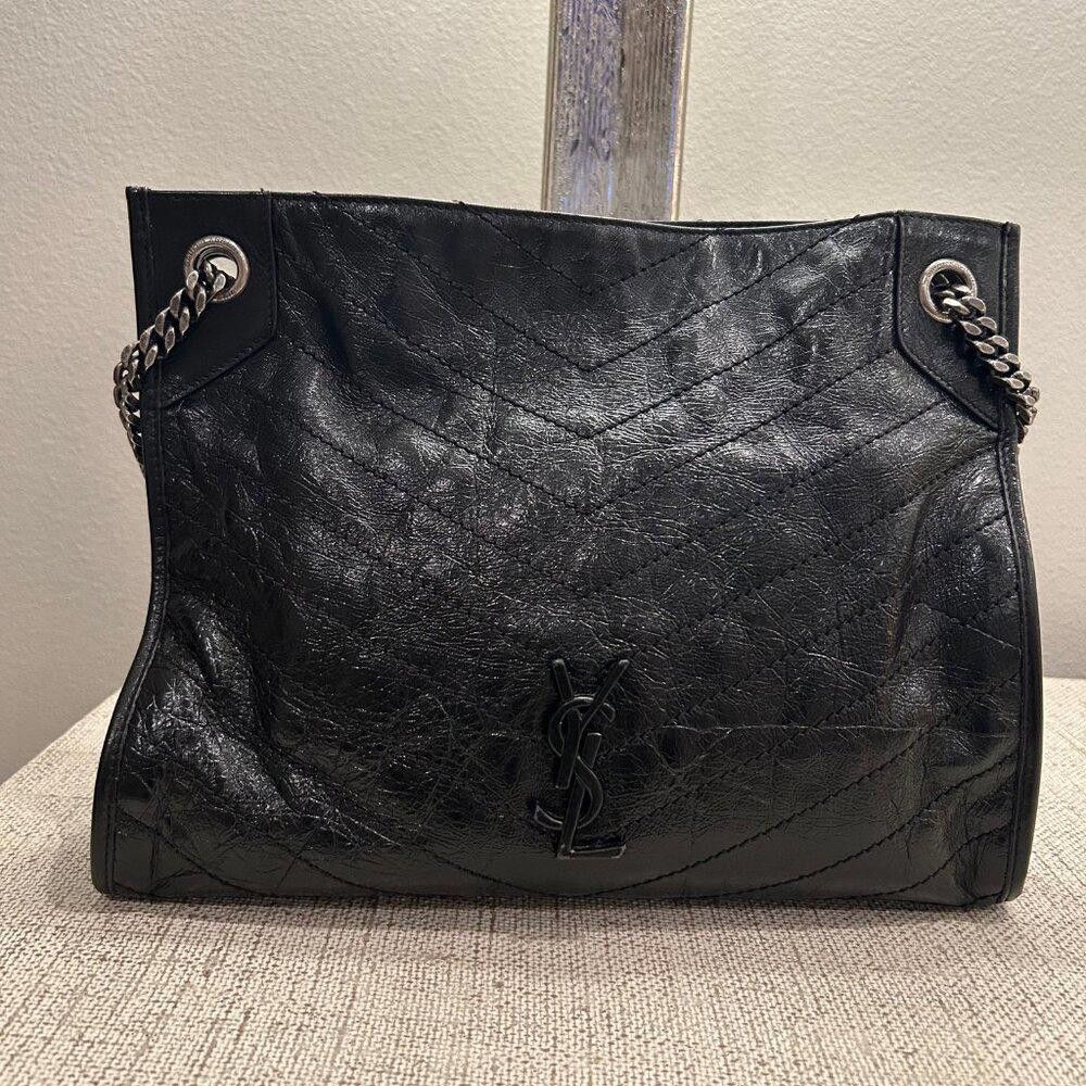 Yves Saint Laurent Niki Medium YSL Shopper Tote Bag in Crinkled Leather ...