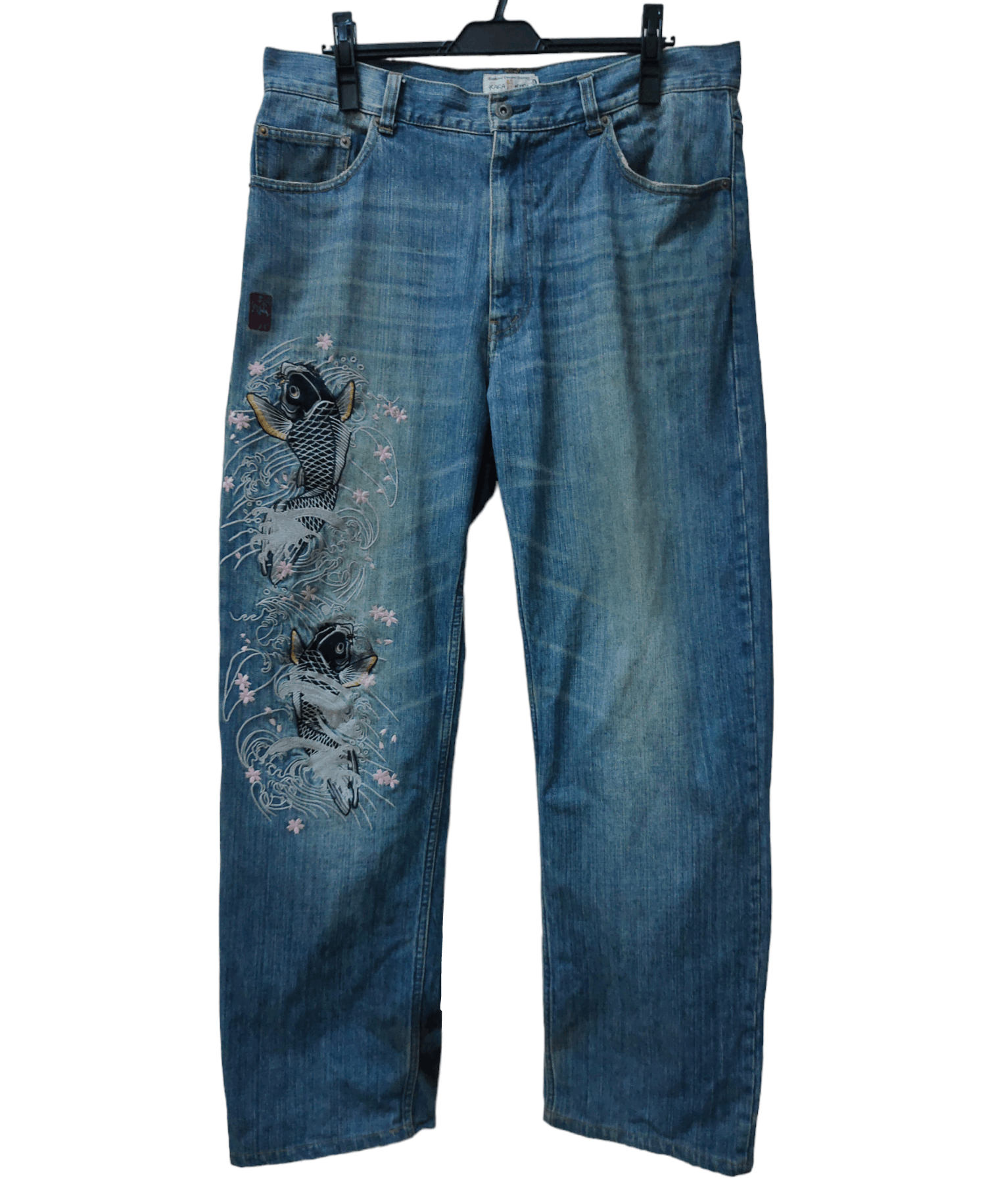 Distressed Denim Vintage Karakuri Japanese Koi Fish embroidery Denim ...