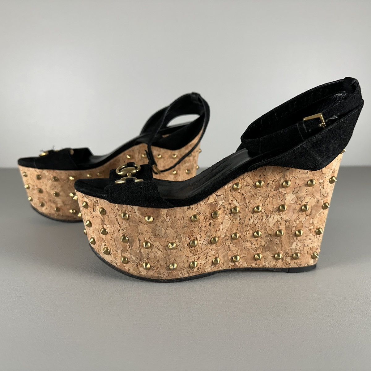 Designer × Gucci × Italian Designers GUCCI Spiked Cork Horsebit Wedges ...