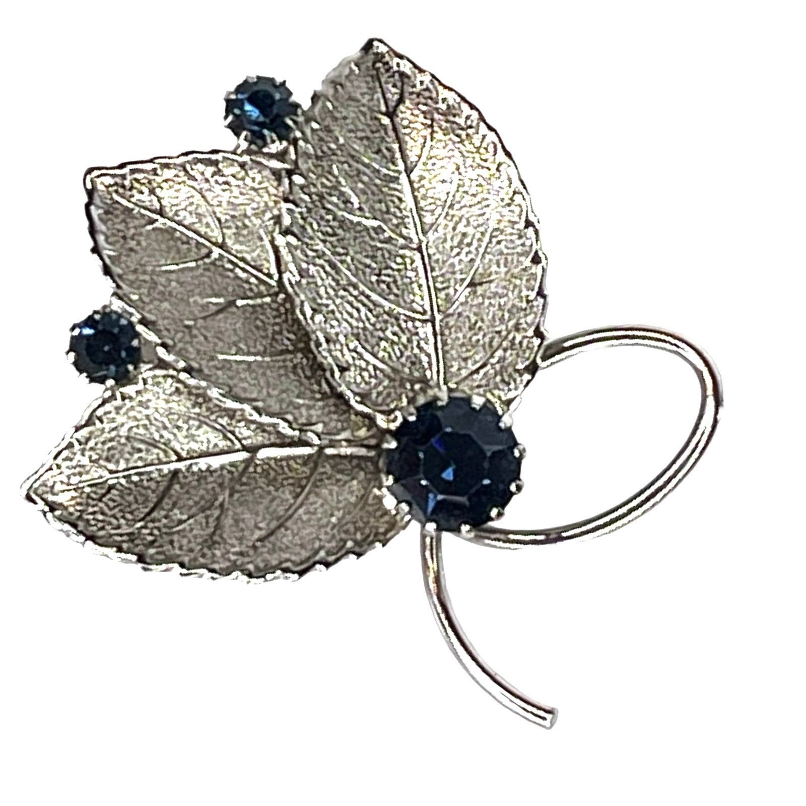 Vintage VTG 1950's Silver Loop Leaf BROOCH 2" Pin Blue Rhinestone | Grailed