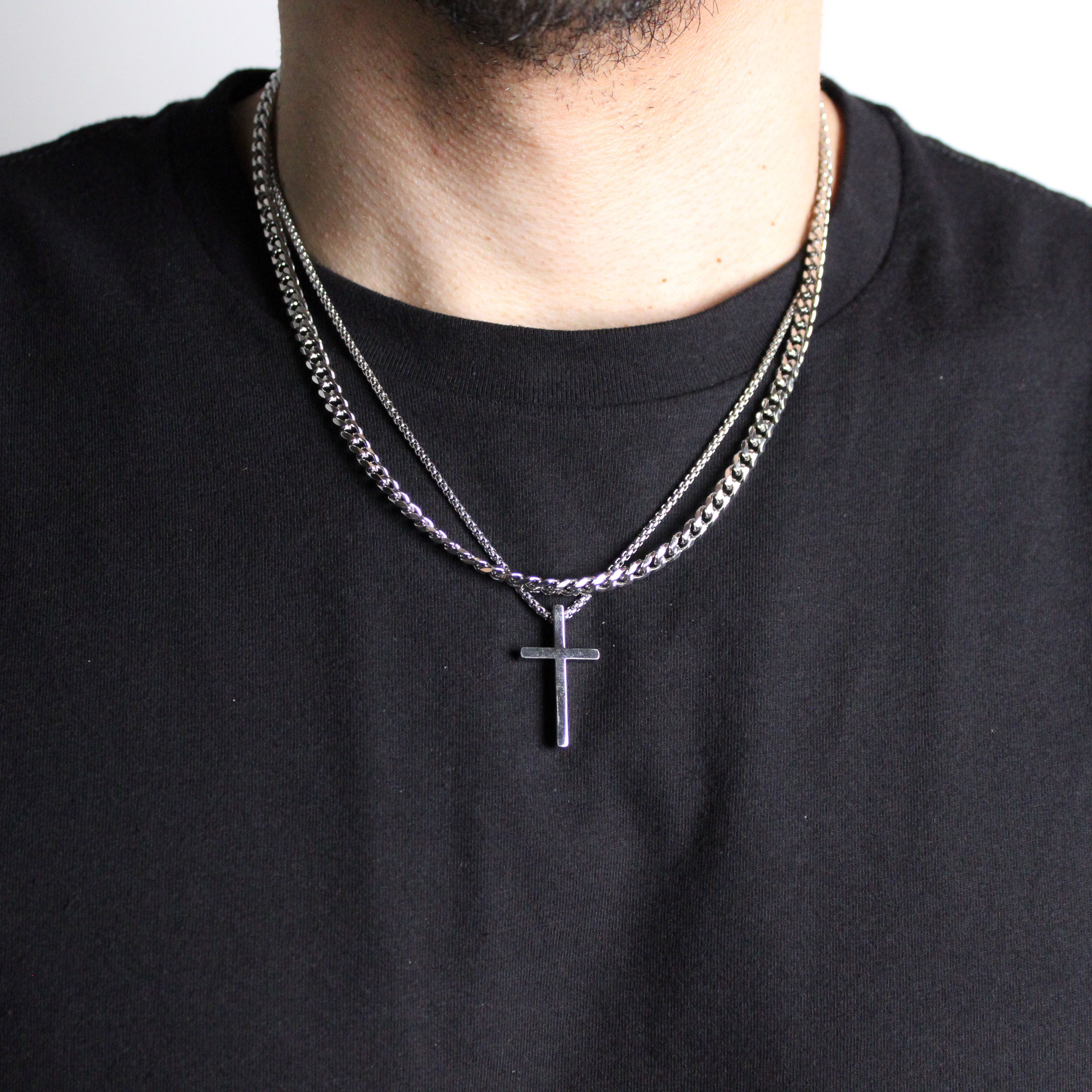 Cuban Link Chain × Jewelry × Streetwear Silver Cross Pendant with 5mm ...