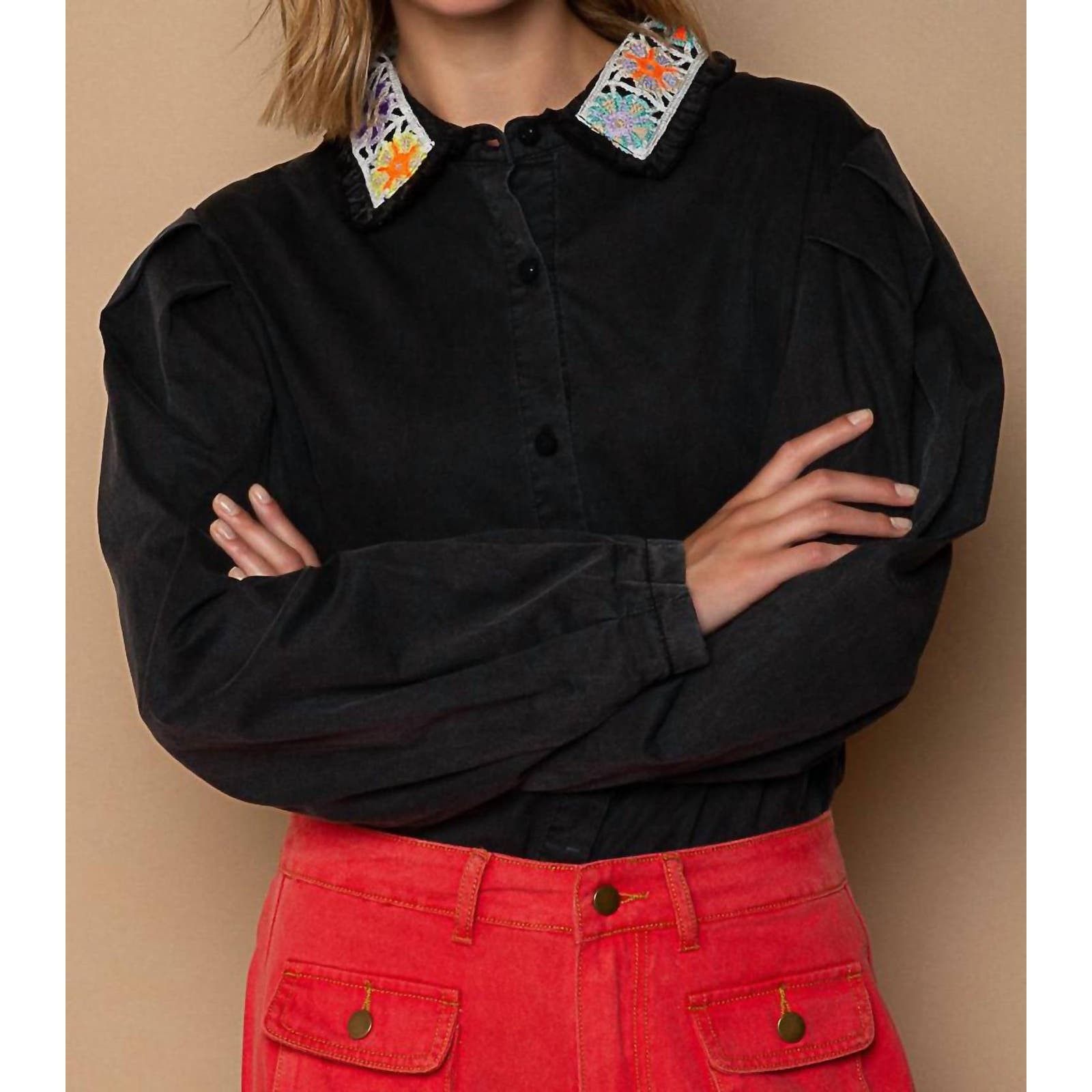 Designer POL Granny Square Poplin Shirt In Black | Grailed