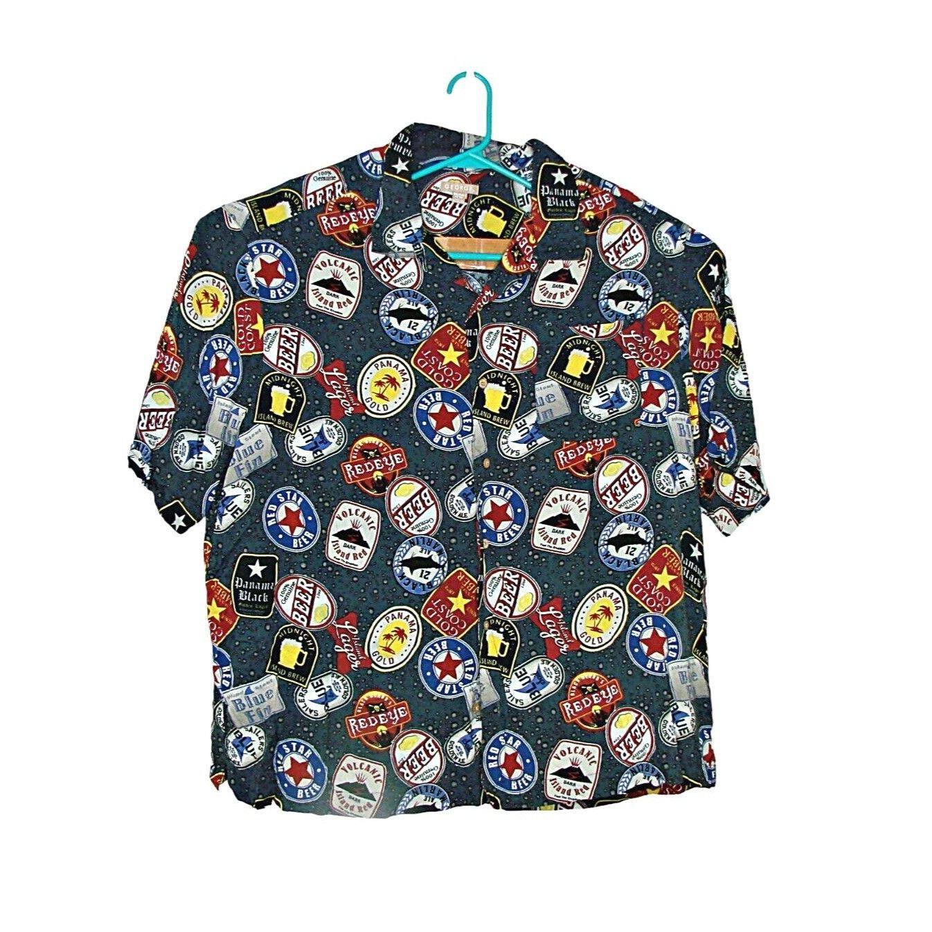 George Beer Brand Theme All Over Print Button Up Shirt Mens 2X Geor ...