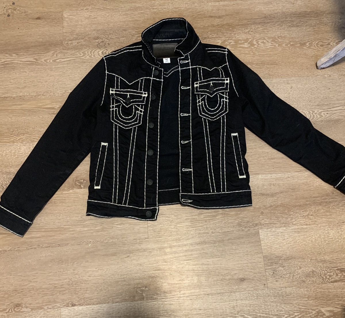 True Religion black true religion denim jacket white stitch size small ...