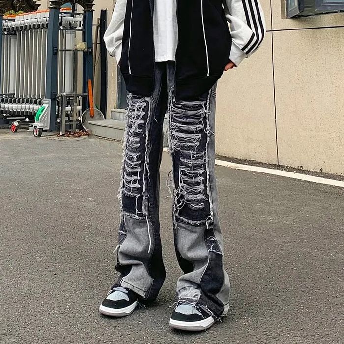 Designer Y2K Leg Ripped Denim Stacked Jeans | Grailed