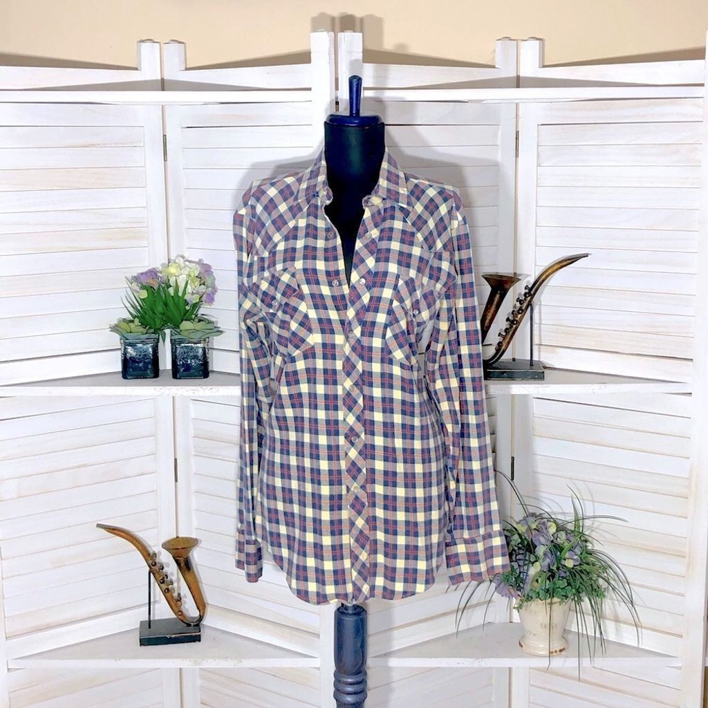Vintage 90s Western cowgirl country flannel plaid blue red shirt M ...