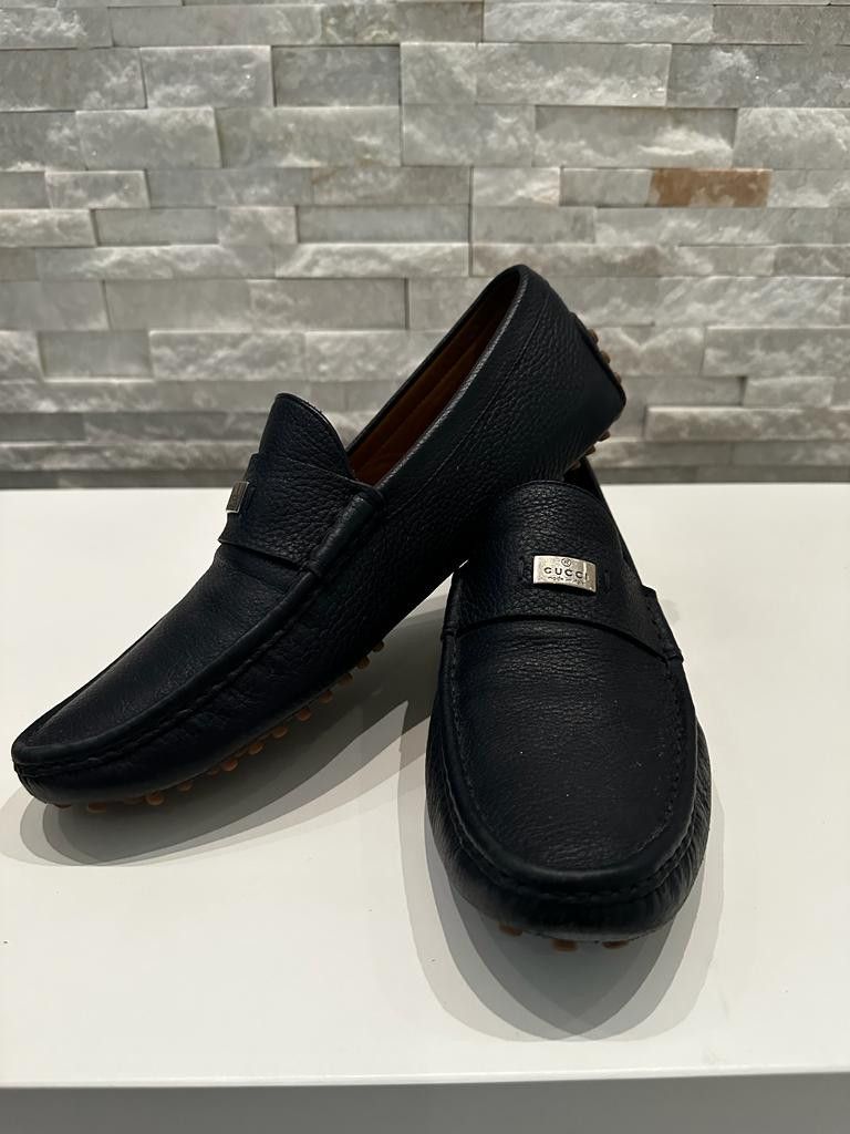 Gucci Navy Blue Drivers, Scotch Grain Leather | Grailed
