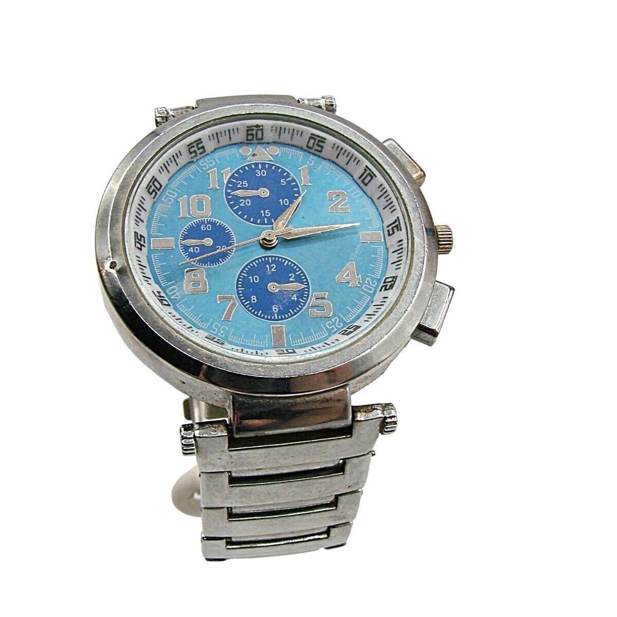 Vintage Ice Blue Face Bezel Watch Stainless Steel Band Chronograph M ...
