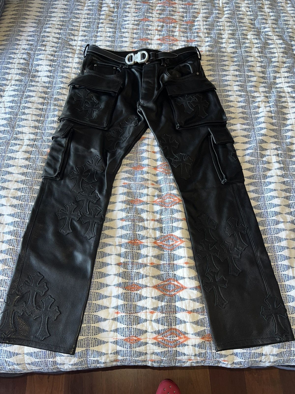 Chrome Hearts Chrome Heart Black Leather Cargo Crosses pants | Grailed