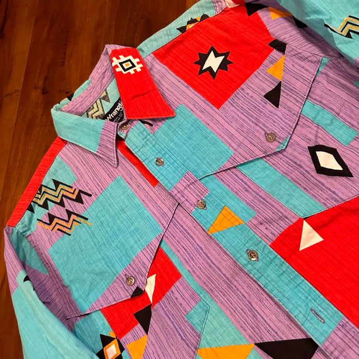 Vintage Vintage 90s Wrangler Brushpopper Button Up Blue Pink 17-35 A ...
