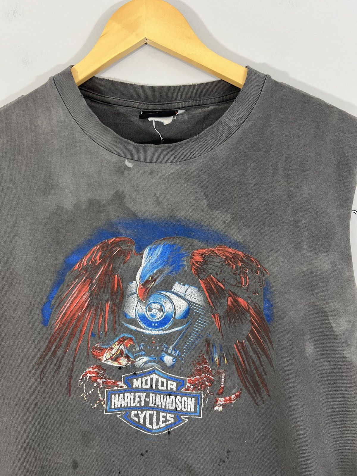 Harley Davidson × Vintage Sun Faded Thrashed 90s Cut Off Eagle Shirt | Grailed