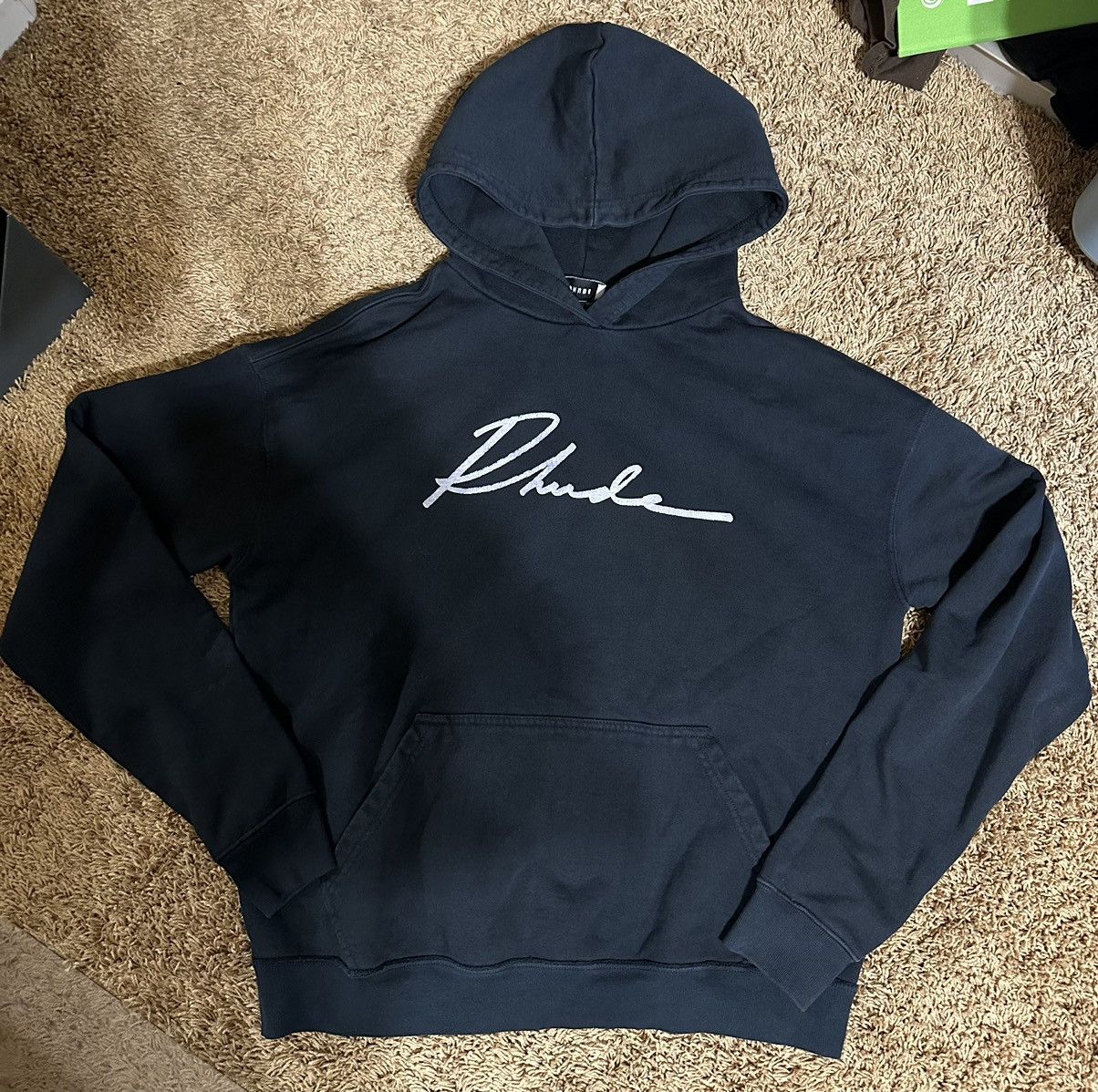 Rhude rhude cursive script hoodie ssense | Grailed