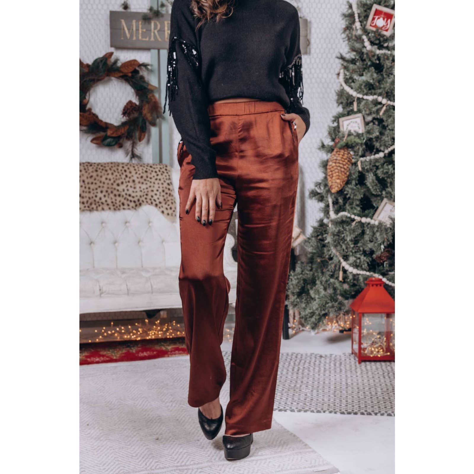 Designer SKIES ARE BLUE Dani Satin Trousers In Choco Brown | Grailed